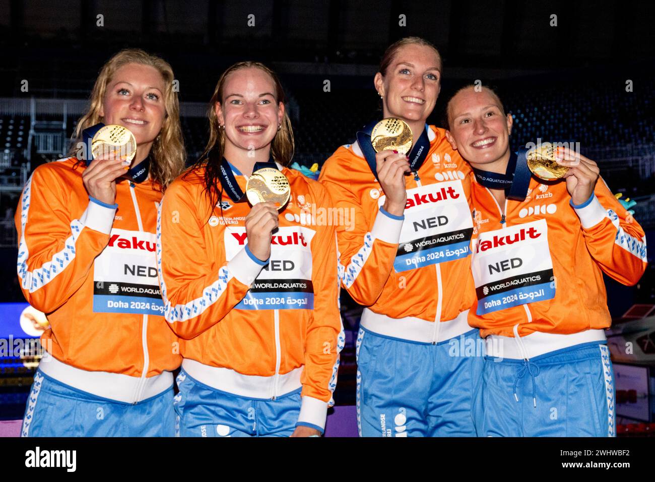 Doha, Qatar. 11th Feb, 2024. Athletes of team The Netherlands show the ...