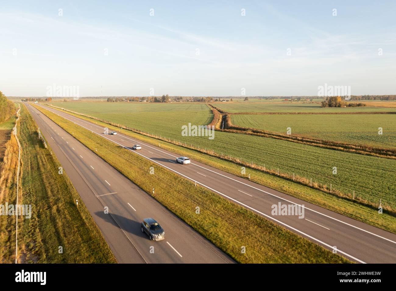 Drone photography of multiple lane highway in rural landscape during ...
