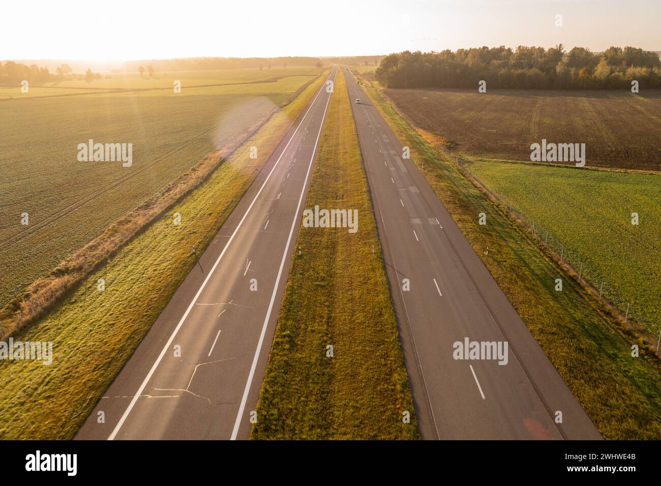Drone photography of multiple lane highway in rural landscape during ...