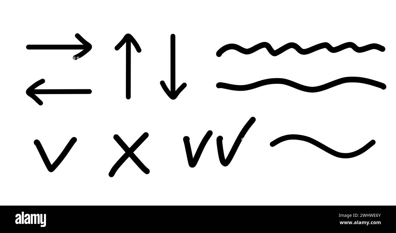 Set of hand drawn elements. Arrows, lines, tick sign isolated on white ...