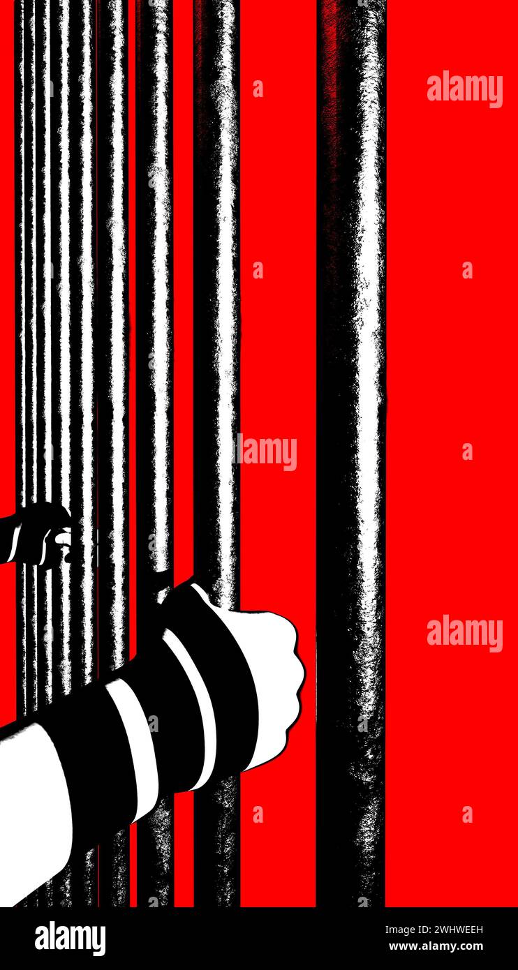 Detention, imprisonment. Prison cell and hands holding the bars. 3d ...
