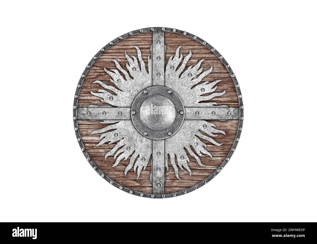 Old decorated wooden round shield isolated on white background Stock ...