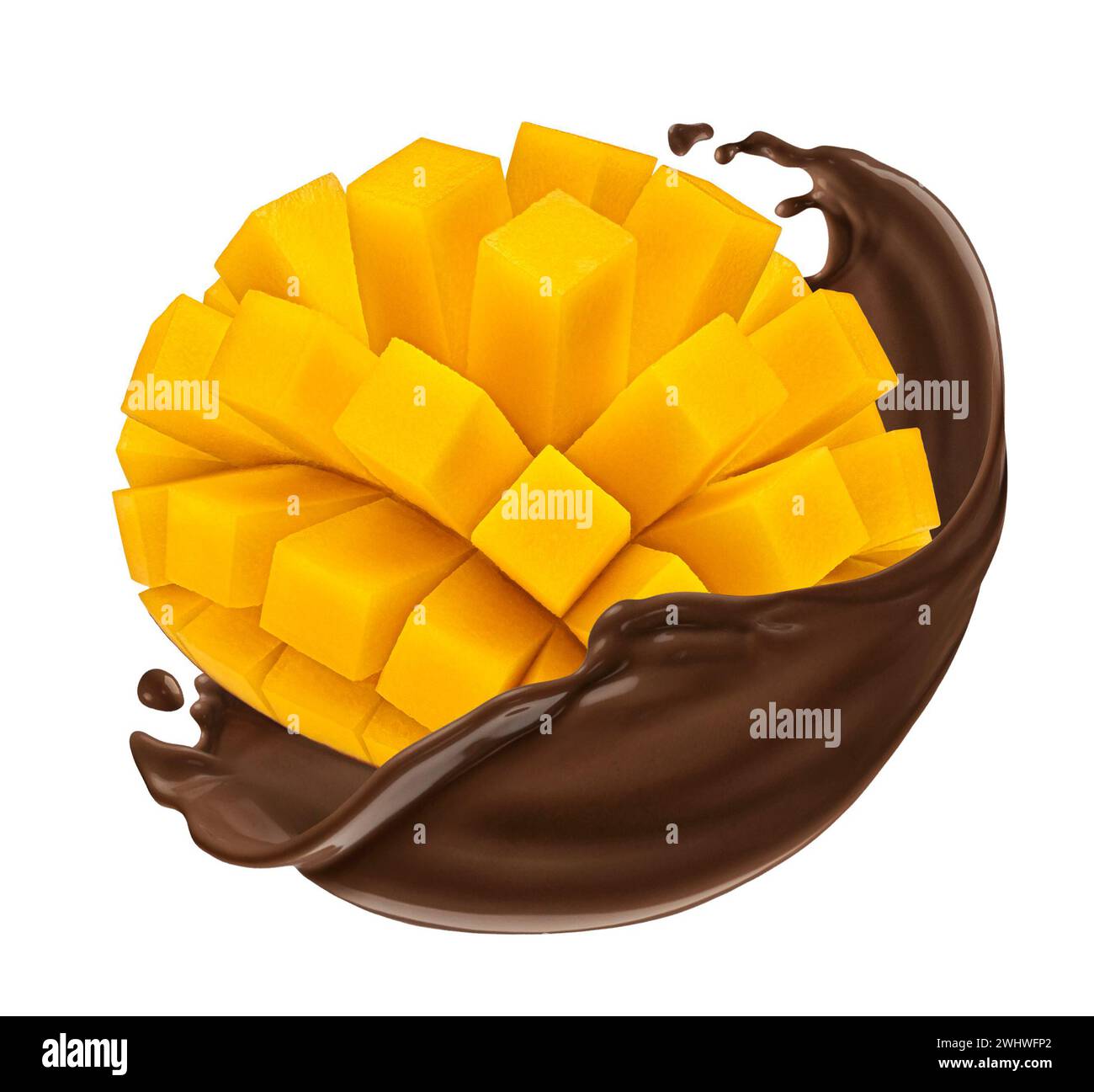 Mango falling into chocolate splash isolated on white background Stock ...