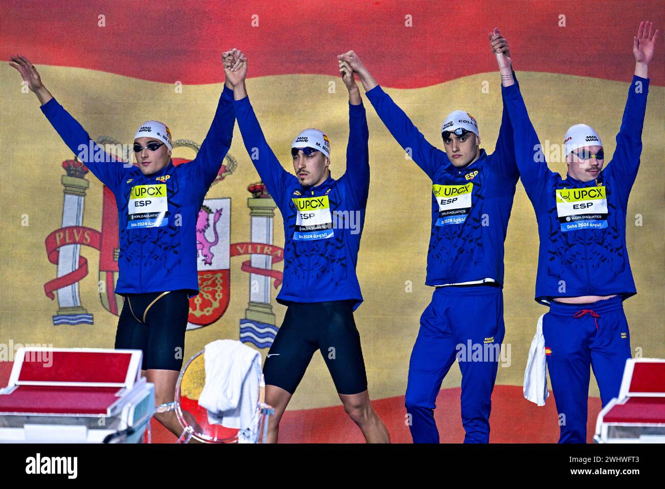 Athletes of team Spain prepare to compete in the swimming 4x100m ...
