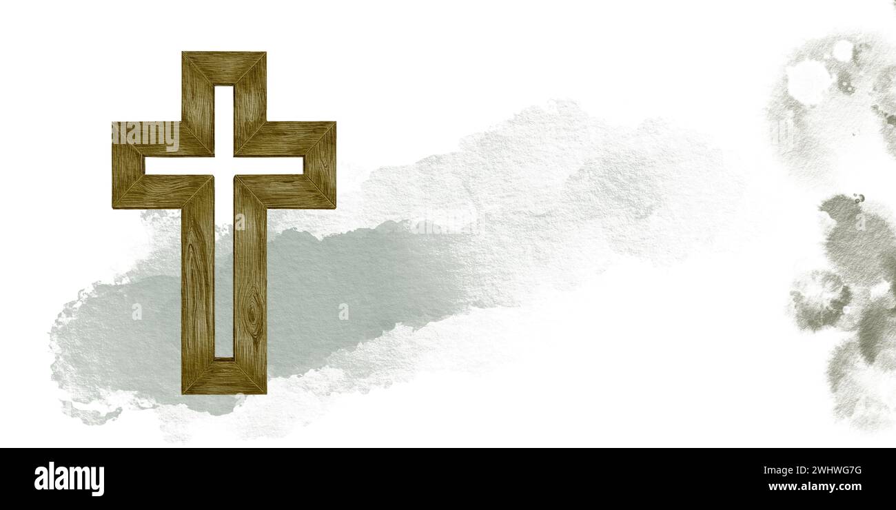Wooden Christian cross with watercolor dynamic spot on background.The ...