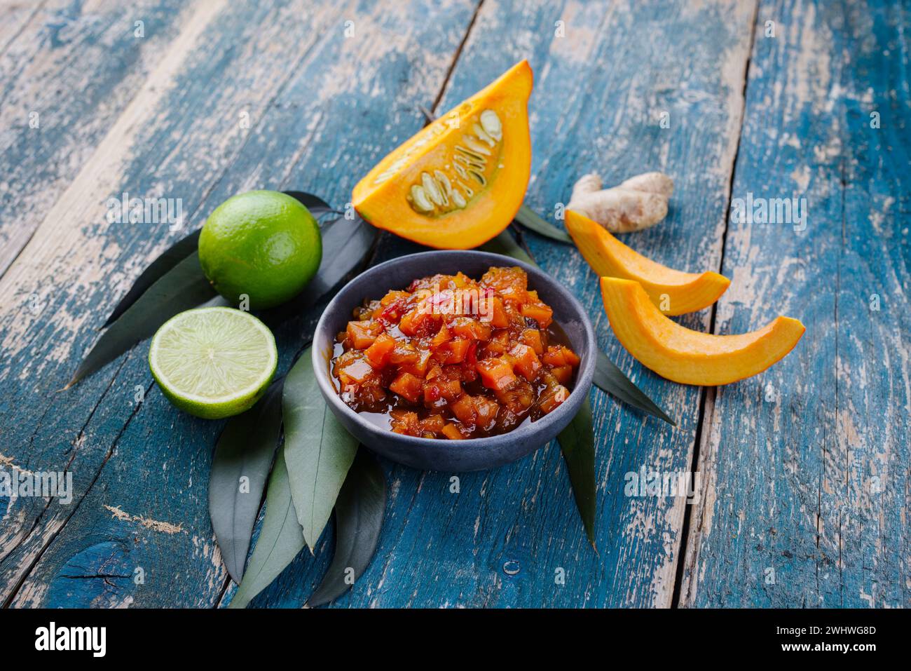 Traditional Indian pumpkin chutney with lemon and ginger served as ...