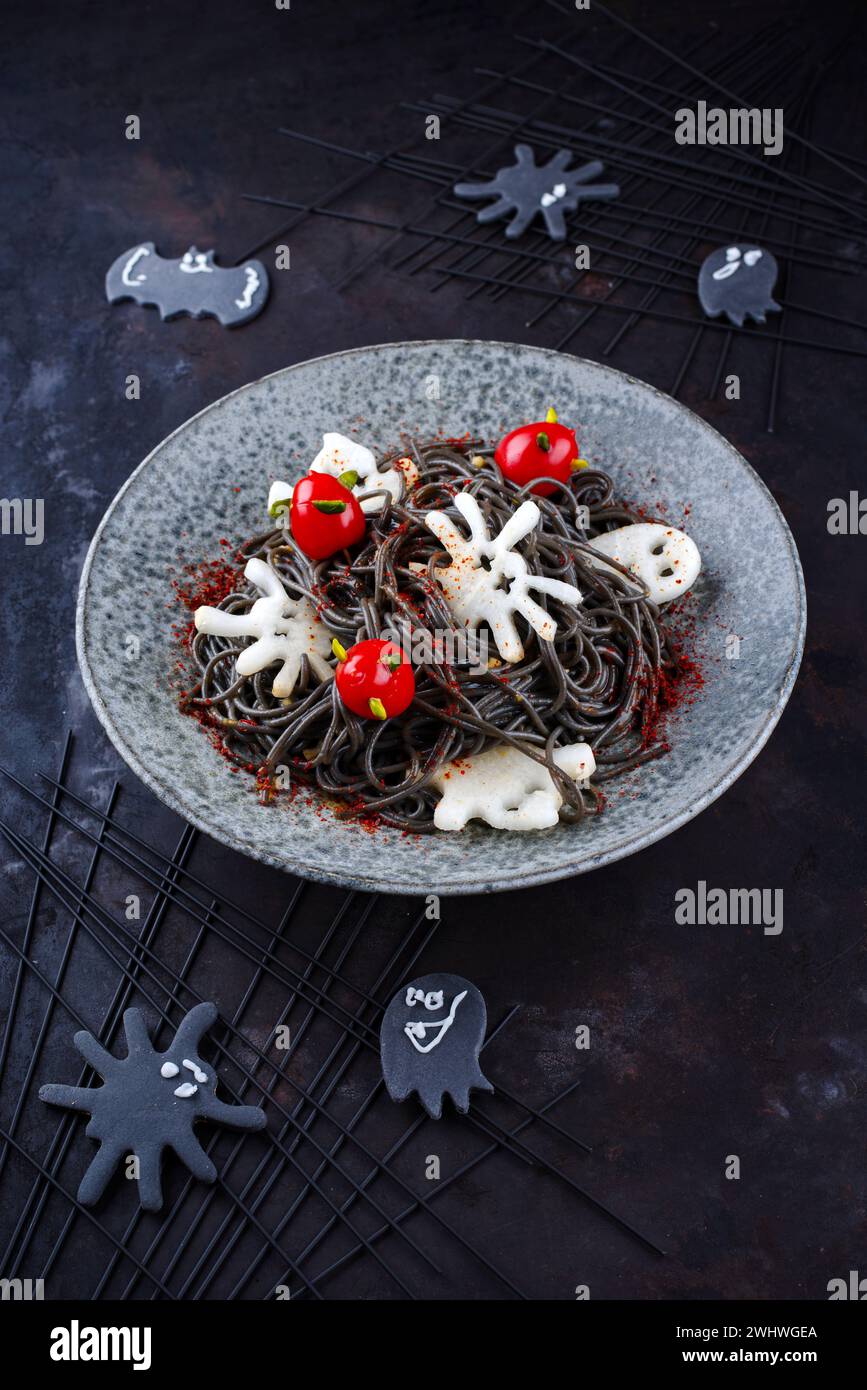 Traditional Halloween octopus spaghetti with Dracula spiders Stock ...
