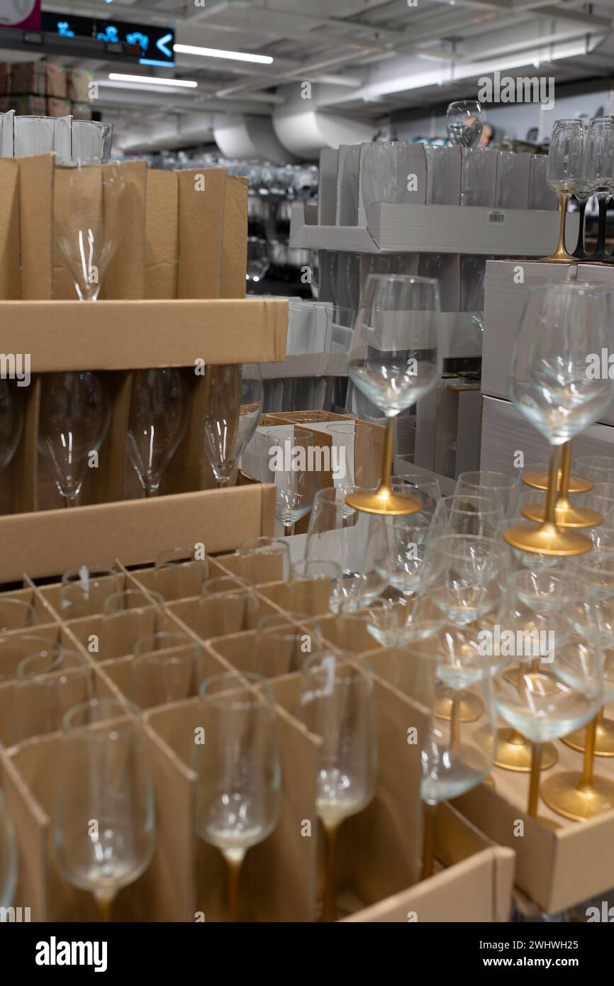 Many samples of wine glasses. Wine glasses in cardboard boxes Stock ...