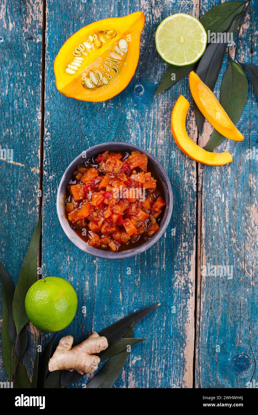 Traditional Indian pumpkin chutney with lemon and ginger served as top ...