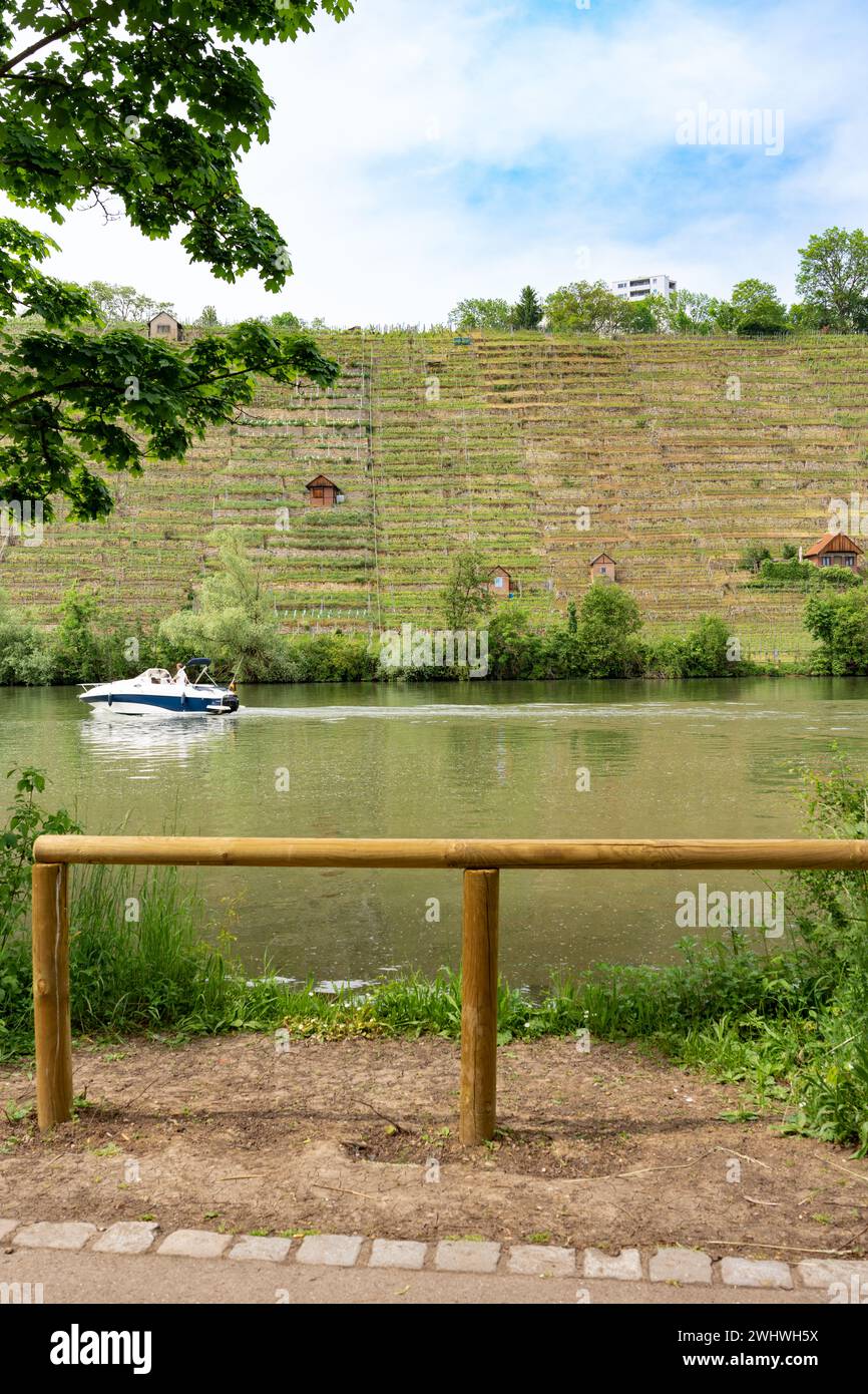 A boat with a German flag floats on the background of a beautiful slope ...