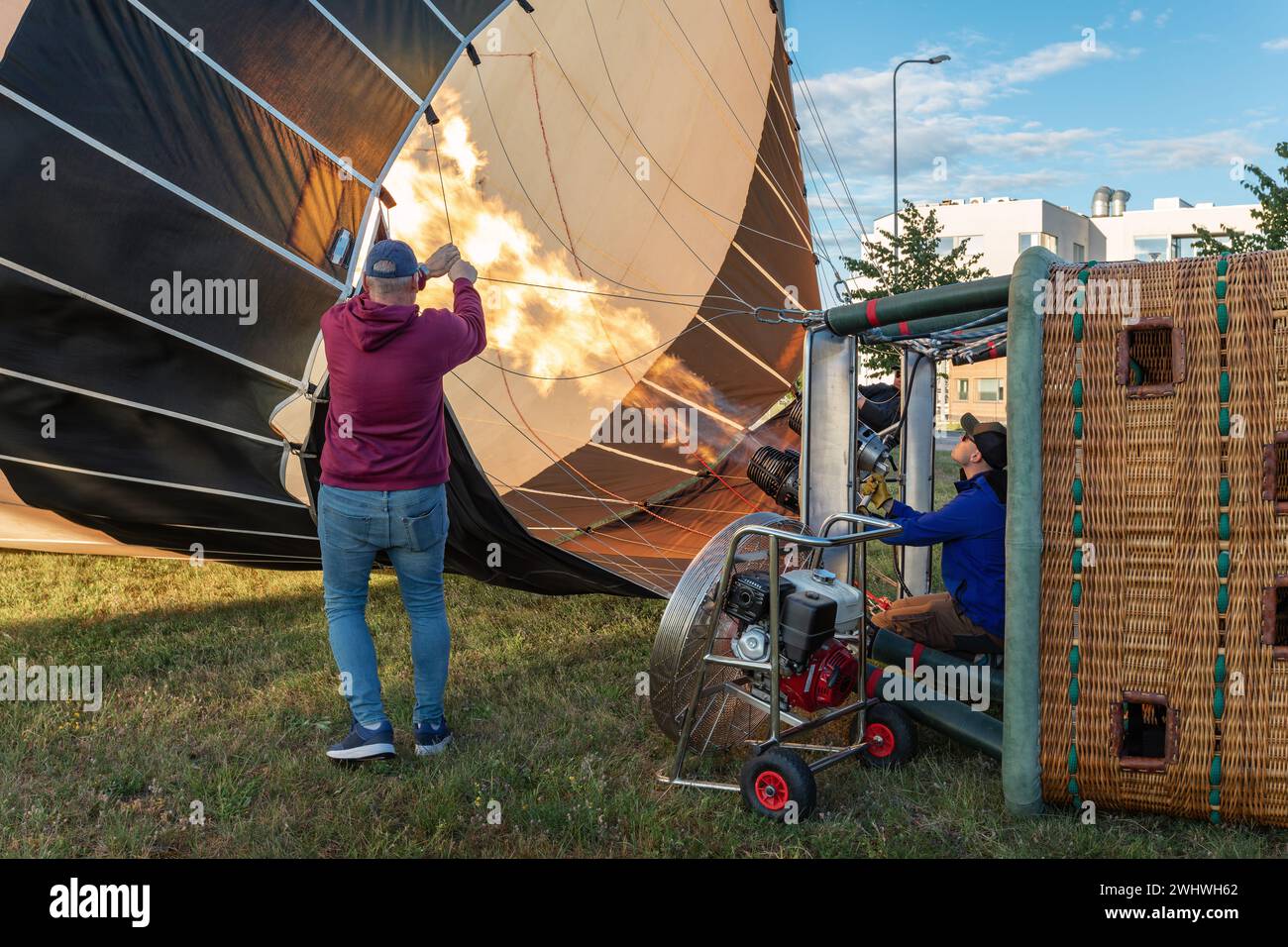 Hot air balloon fire burner. Hot air balloon preparing for the flight with propane gas heat in ...