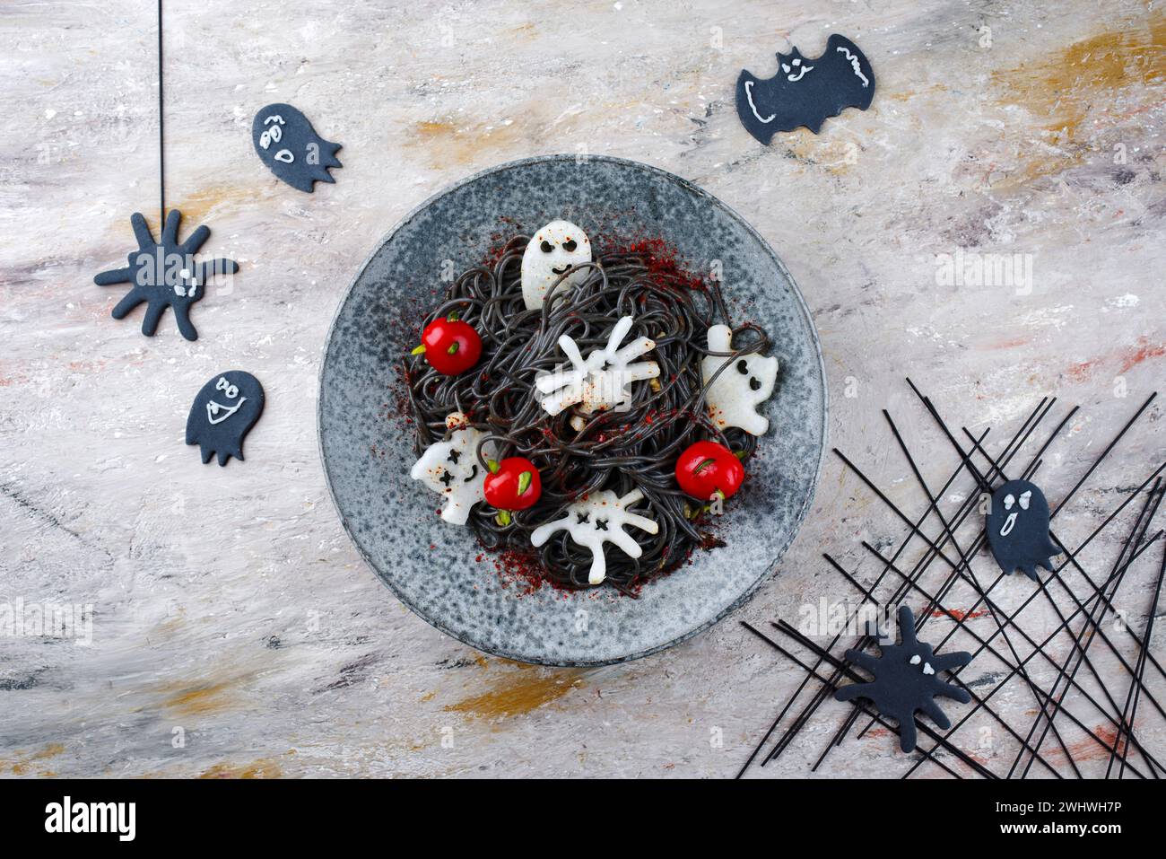 Traditional Halloween octopus spaghetti with Dracula spiders Stock ...
