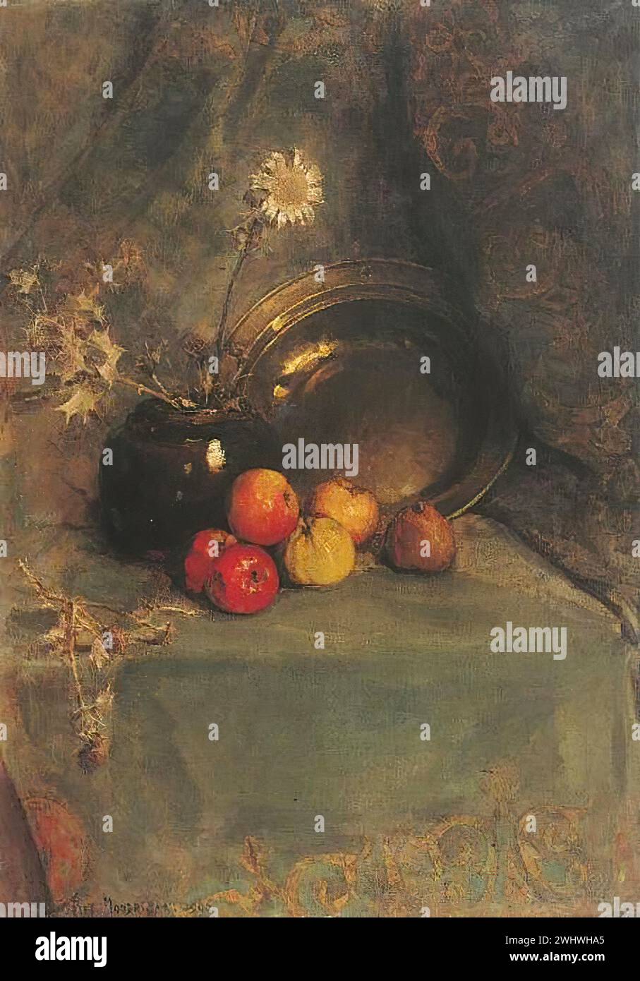 Piet Mondrian - Nature morte aux pommes, au pot de fleurs et à la poêle ...