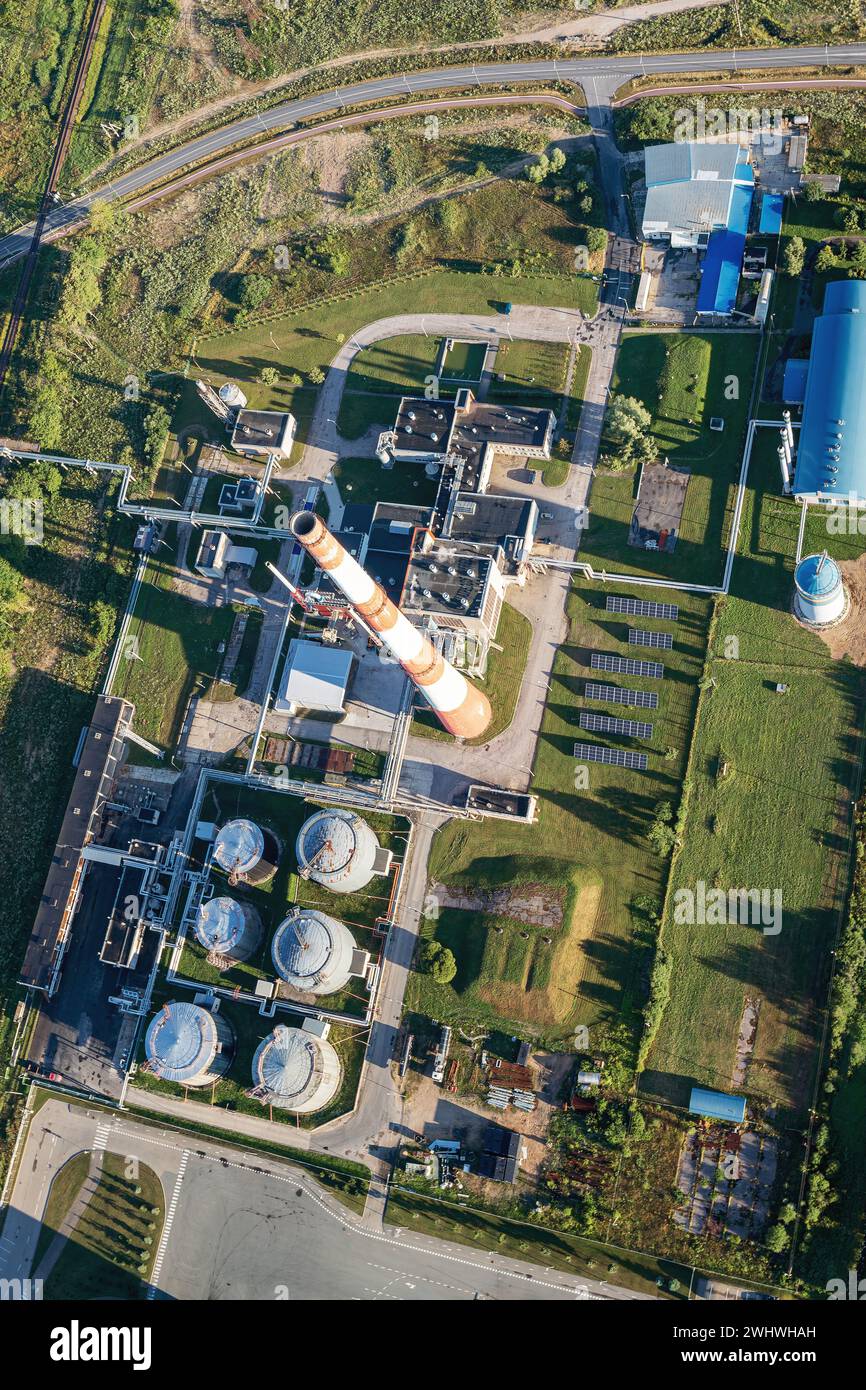 Aerial view of heating plant and thermal power station with chimney ...