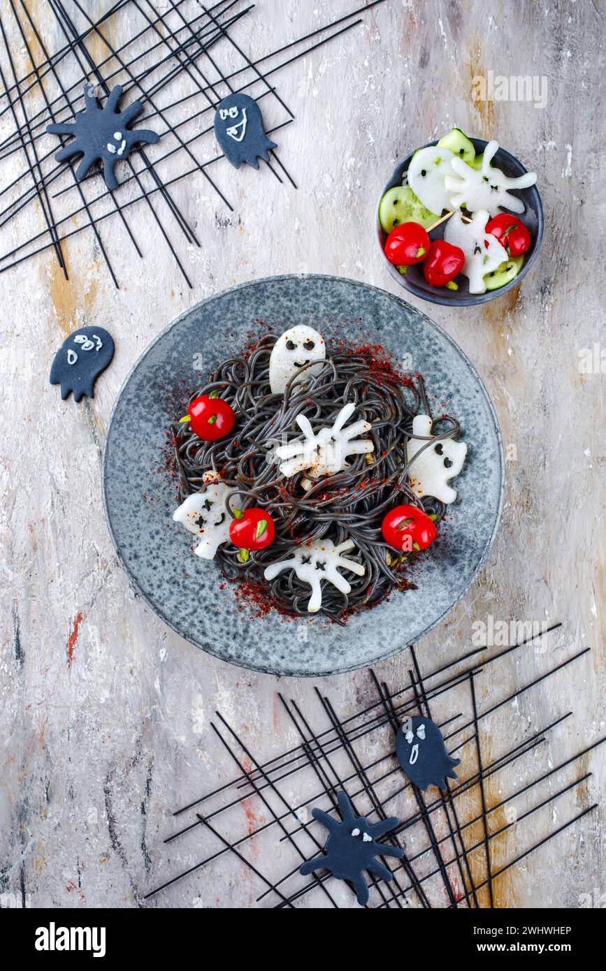 Traditional Halloween octopus spaghetti with Dracula spiders Stock ...