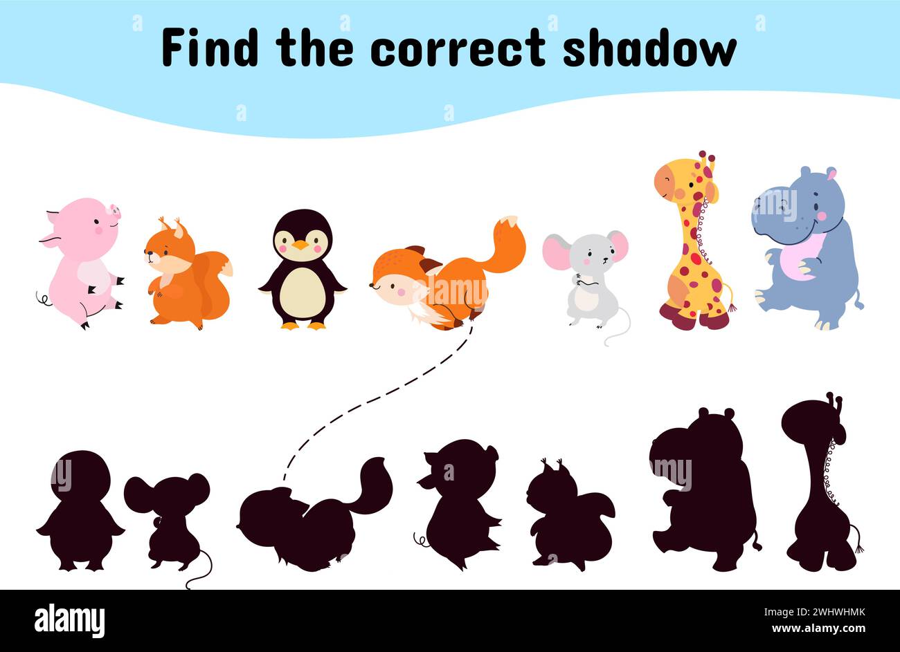 Find correct shadow. Children education game with cartoon animals ...