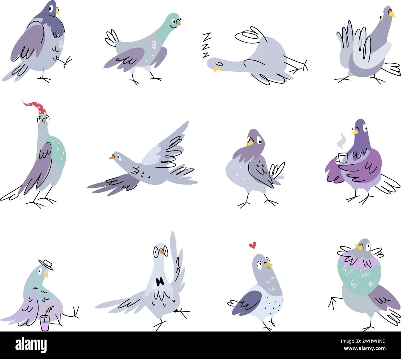 Cartoon pigeon. Isolated doodle dove clipart. Funny pigeons in ...