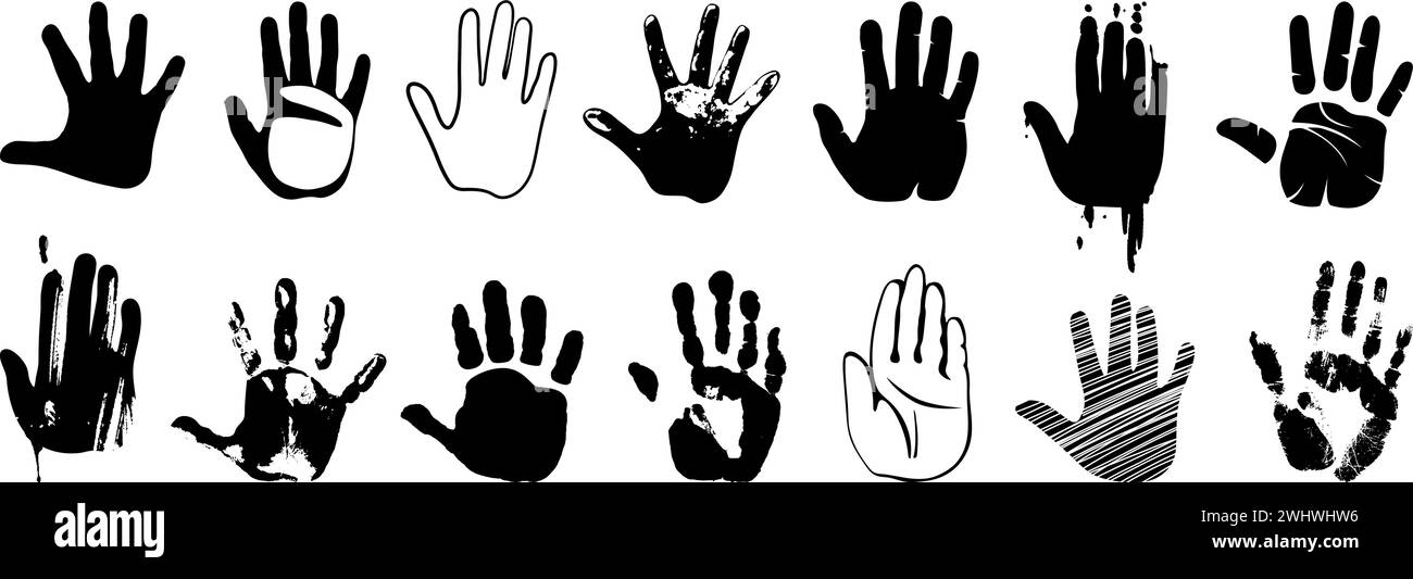 Handprint set. Black palms silhouettes, isolated hands hand drawn ...