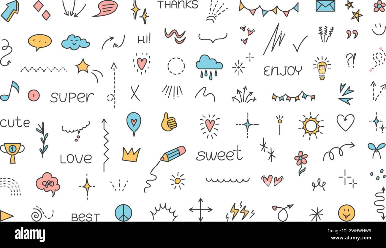 Doodle japanese style line elements. Hand drawn simple emphasis and ...