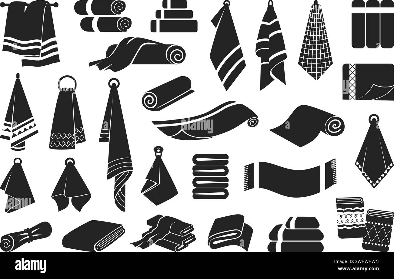 Black towels icons. Towel for bathroom and kitchen. Household fabric ...