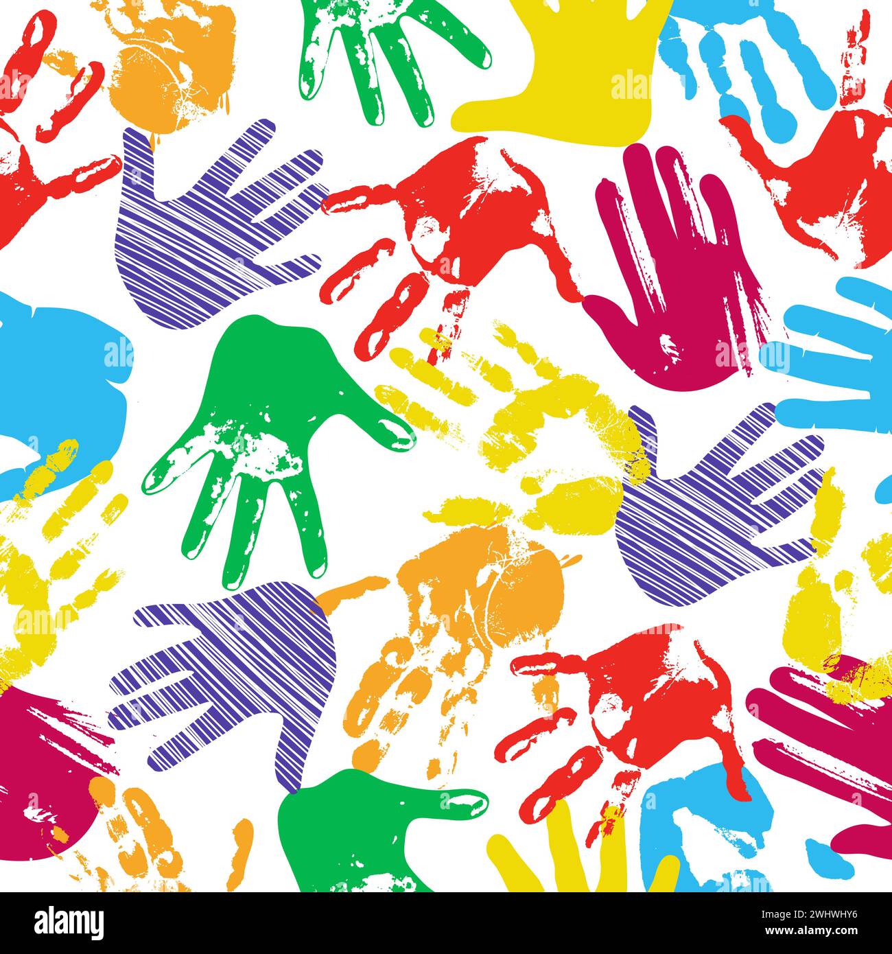 Handprint colorful seamless pattern. Grunge palm prints in paint ...