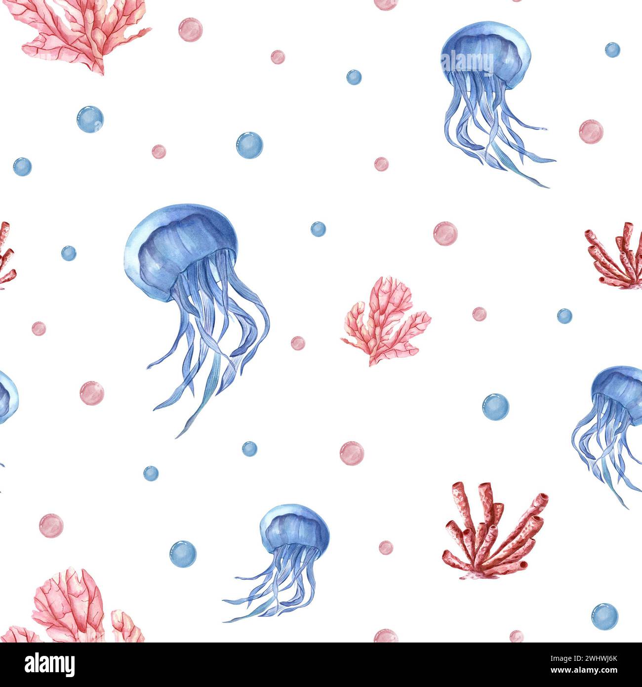 Floating jellyfish, coral. Seamless pattern with undersea polyps ...