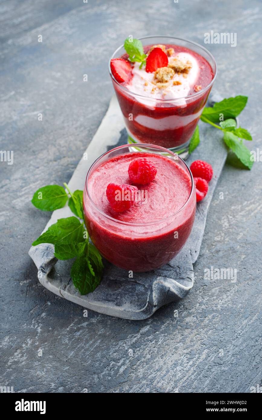 Traditional frozen strawberry soup with strawberry ice cream and ...