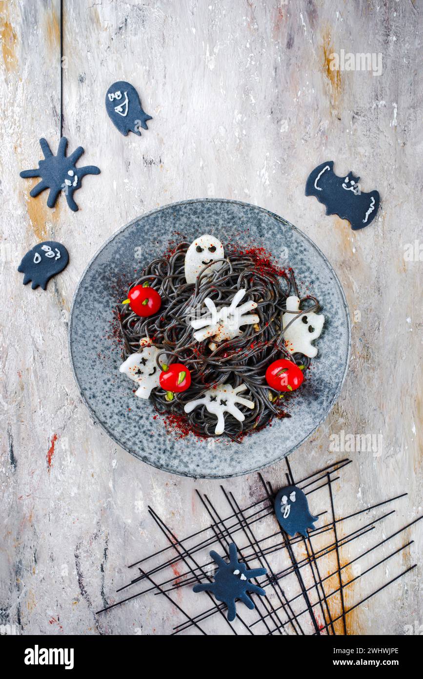 Traditional Halloween octopus spaghetti with Dracula spiders Stock ...