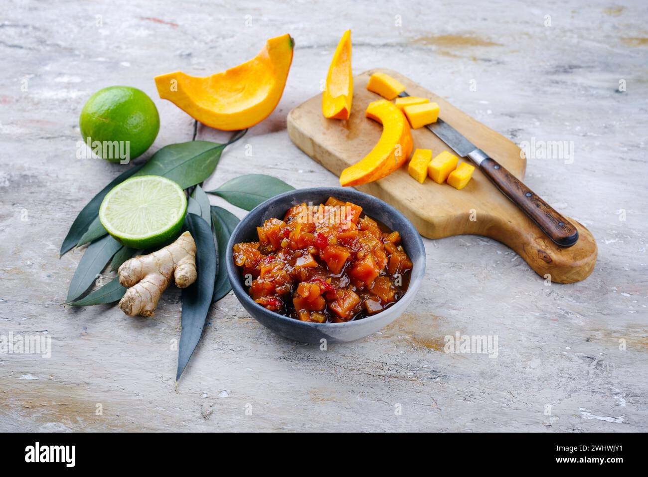 Traditional Indian pumpkin chutney with lemon and ginger served as ...