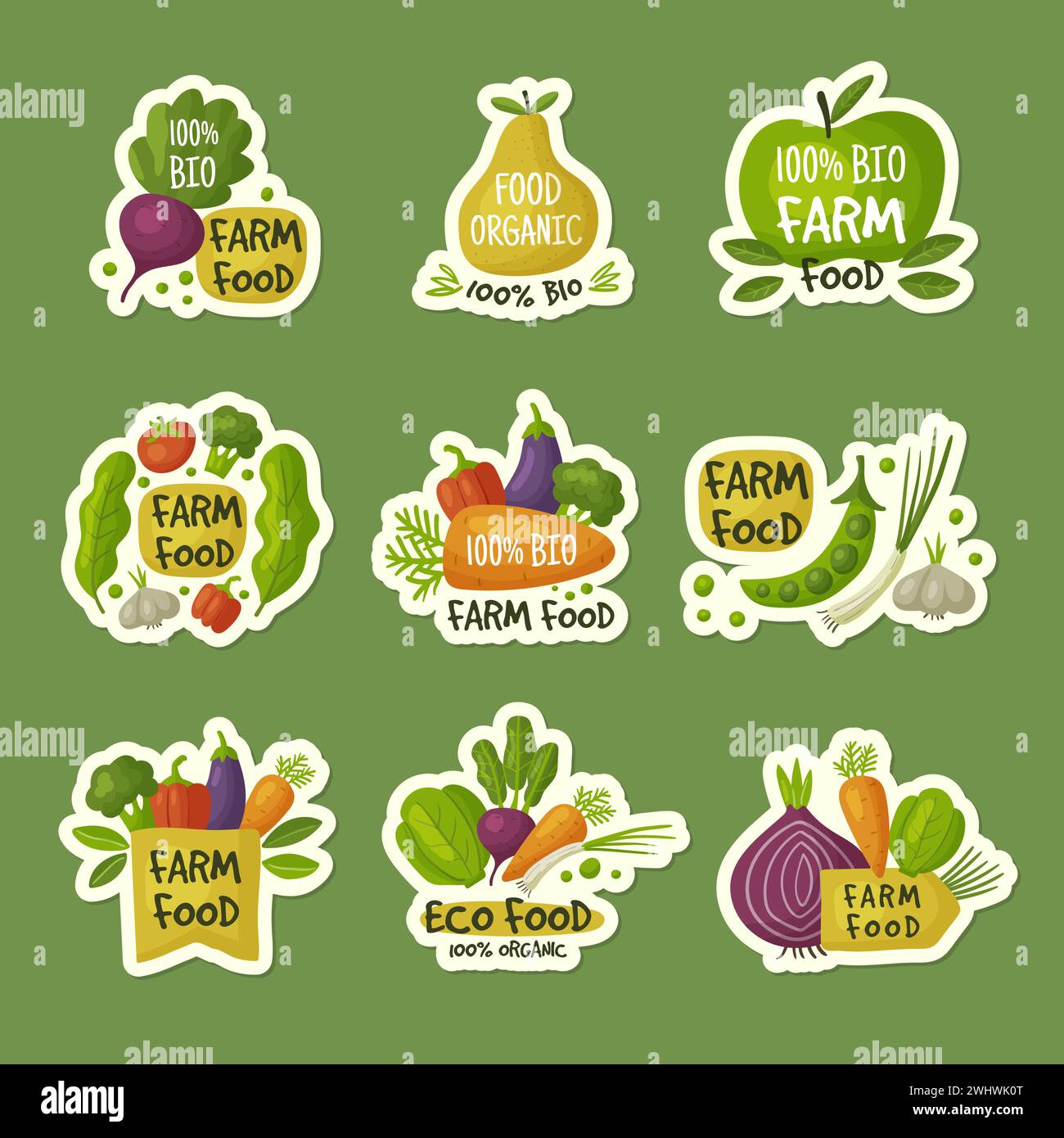 Farm food logo. Eco products badges green organic fruits and vegetables ...
