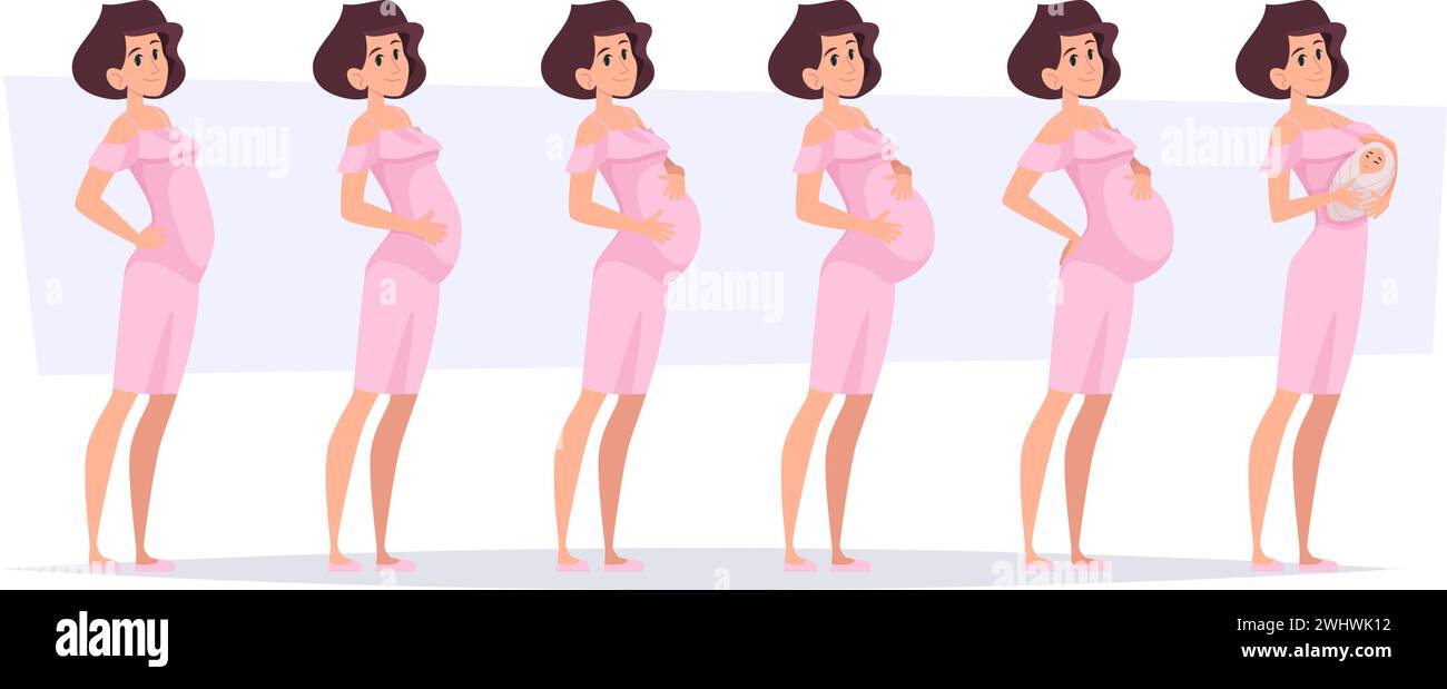Pregnancy stages. Side view of pregnant woman in different stages weeks ...