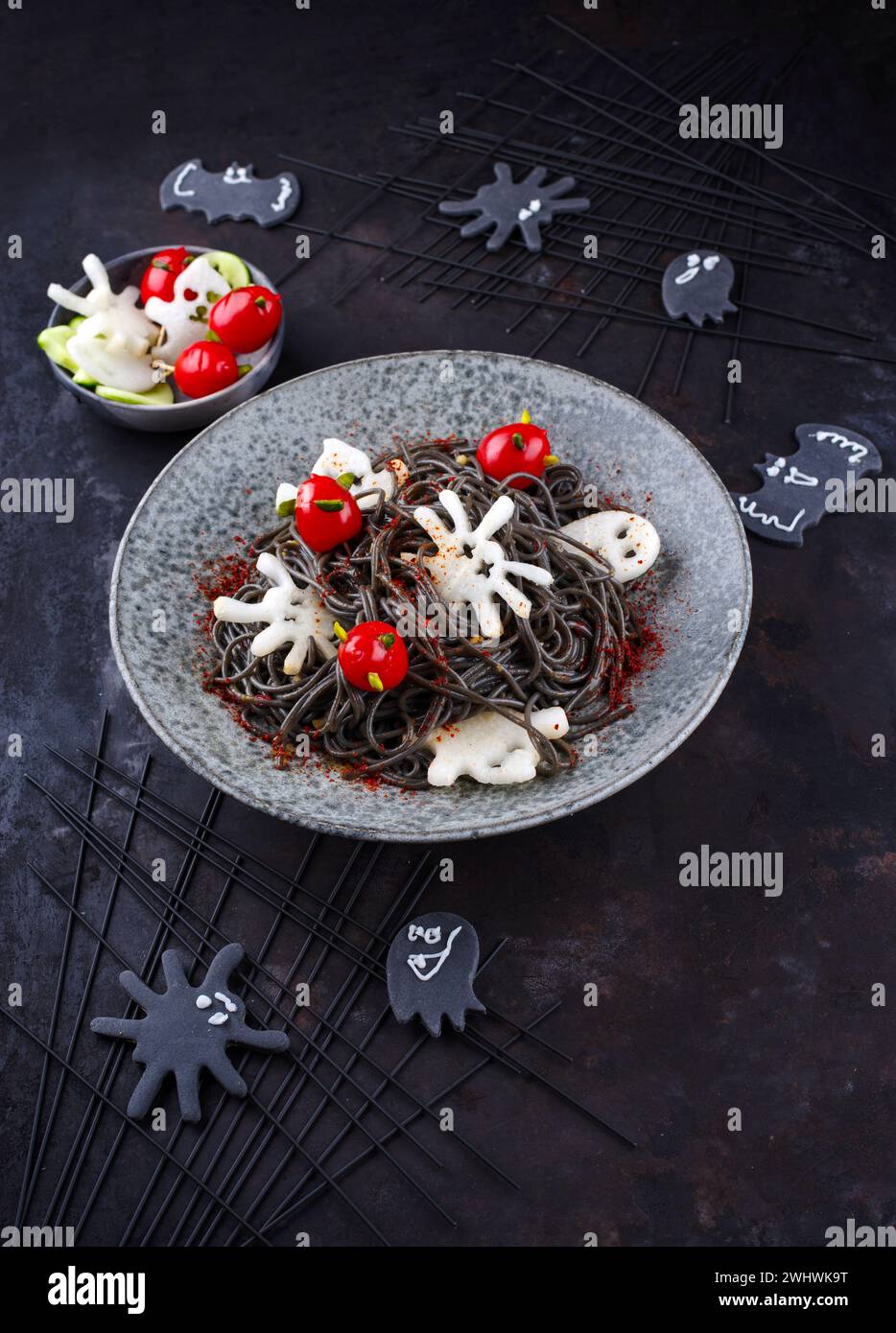 Traditional Halloween octopus spaghetti with Dracula spiders Stock ...