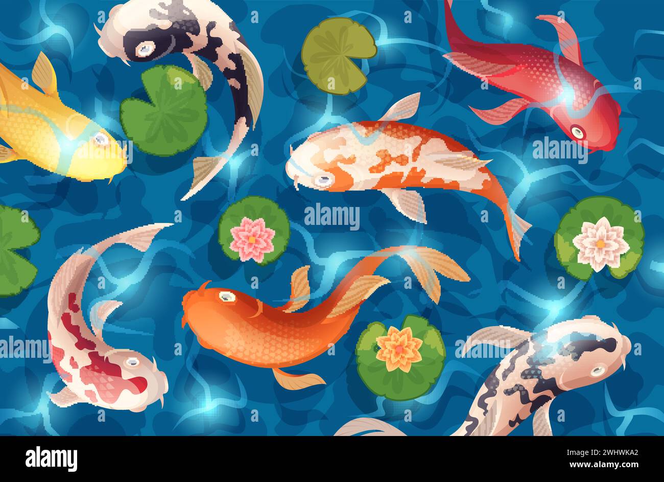 Koi fish background. Water swimming animals in cartoon style exact ...