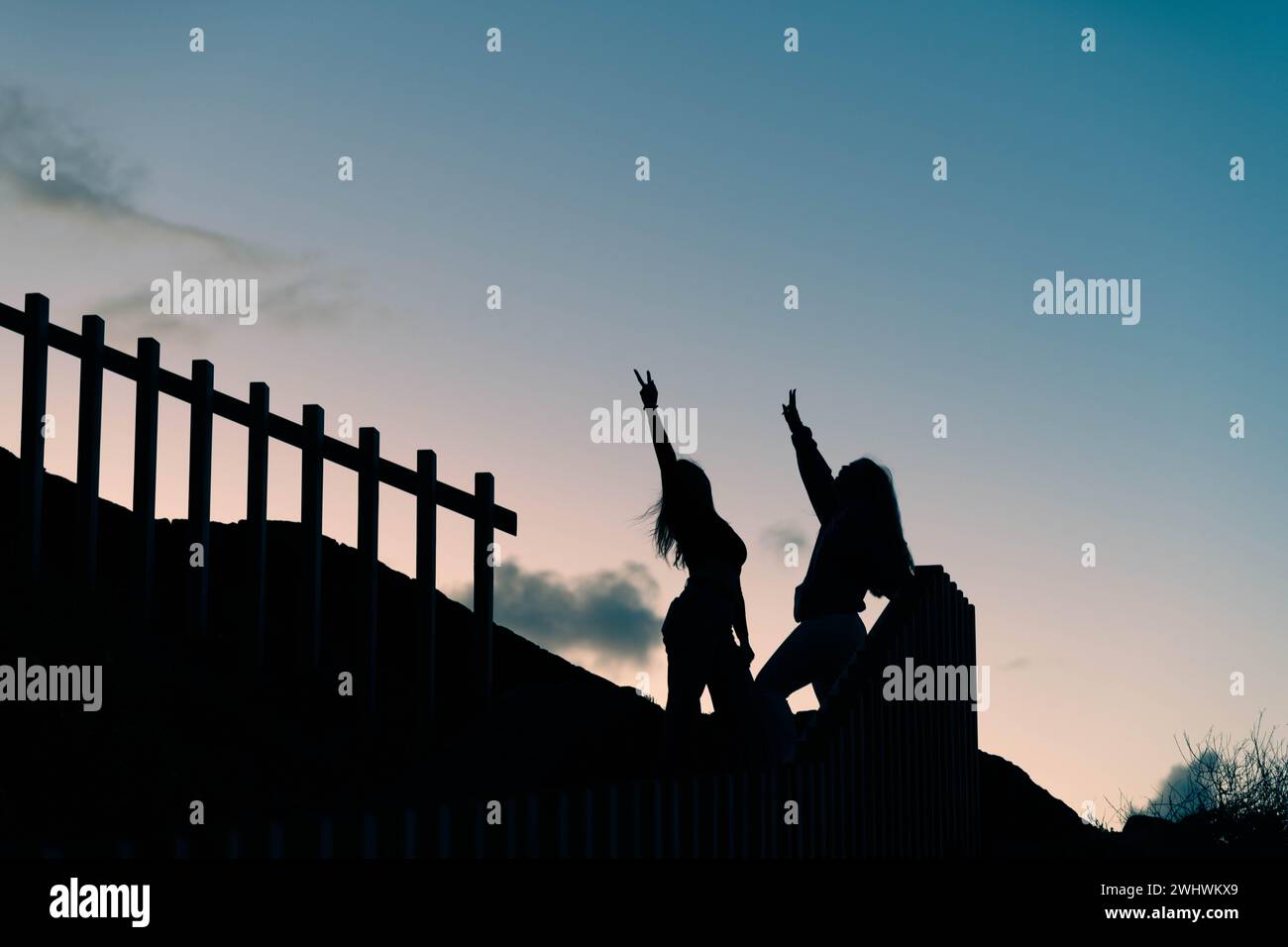 Backlit silhouette of two friends celebrating at sunset. Friendship ...