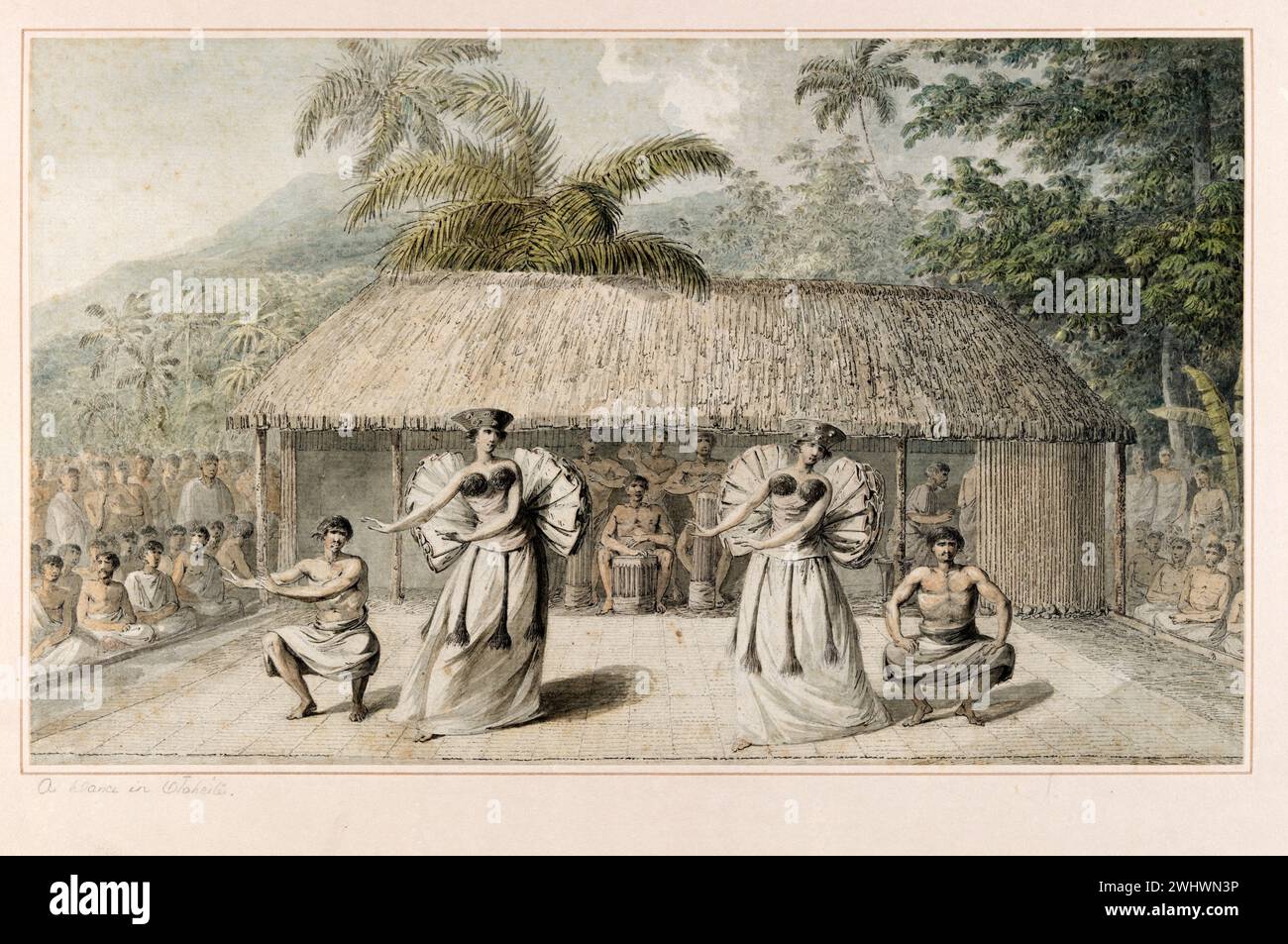 " A Dance in Otaheite ". Tahiti dancers, women and men, with musiciens ...