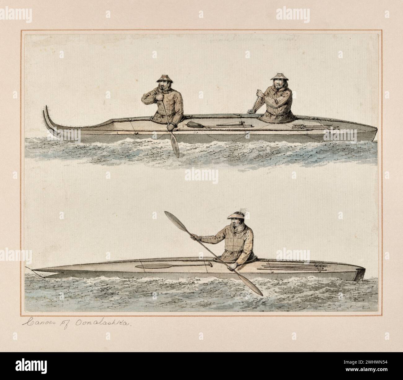 " Canoes of Oonalashka ". From “Watercolours illustrating Captain Cook ...