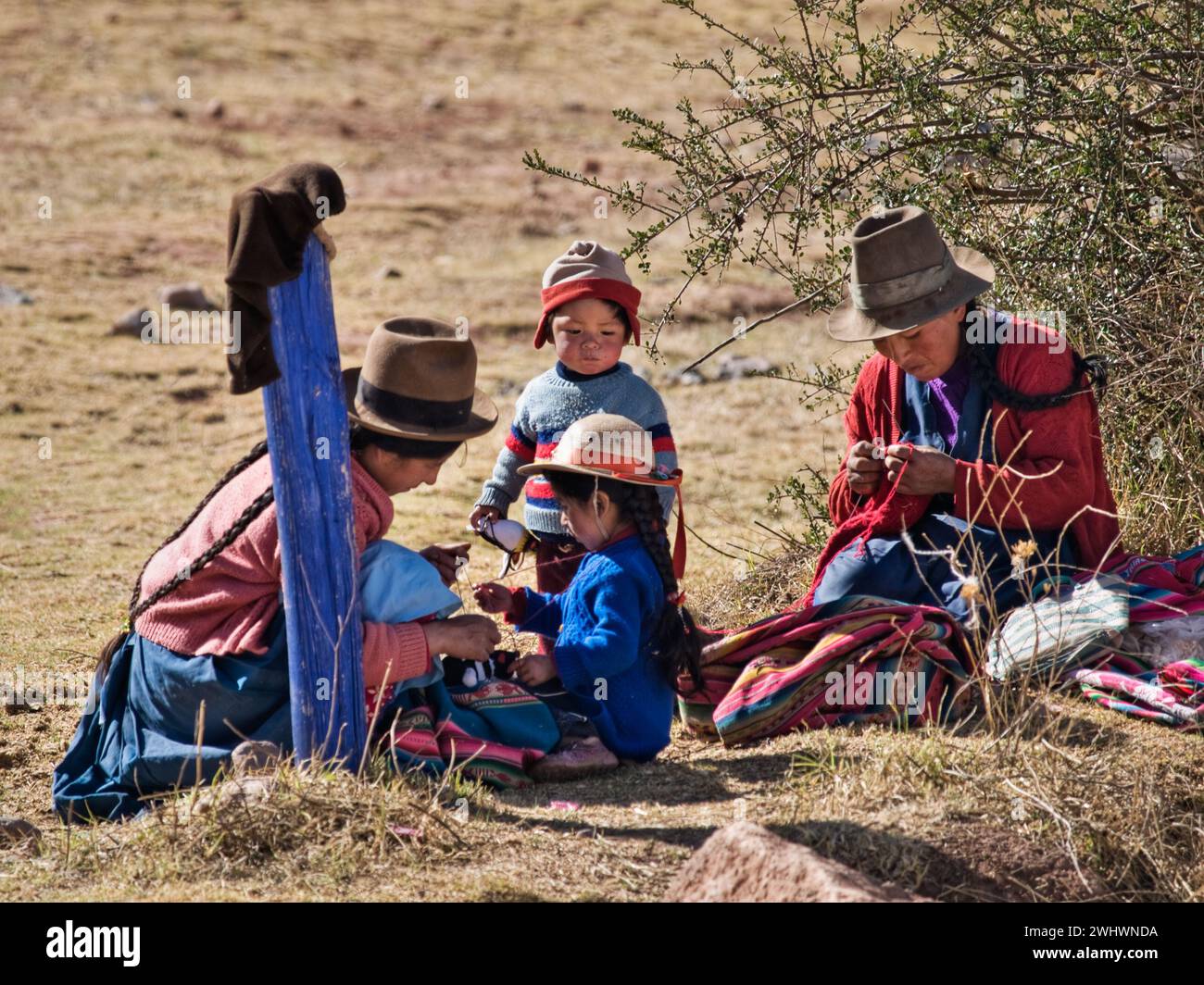 Peruvian native family sitting in the countryside with children and ...