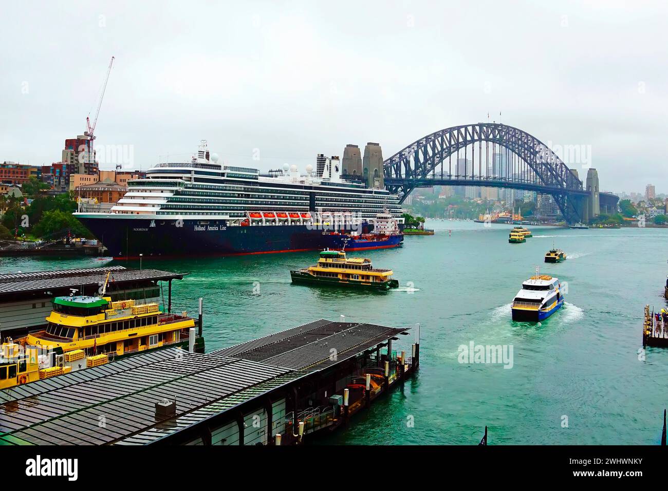 Sydney Australia Harbor Circular Quay with cruise ship and bridge Stock ...