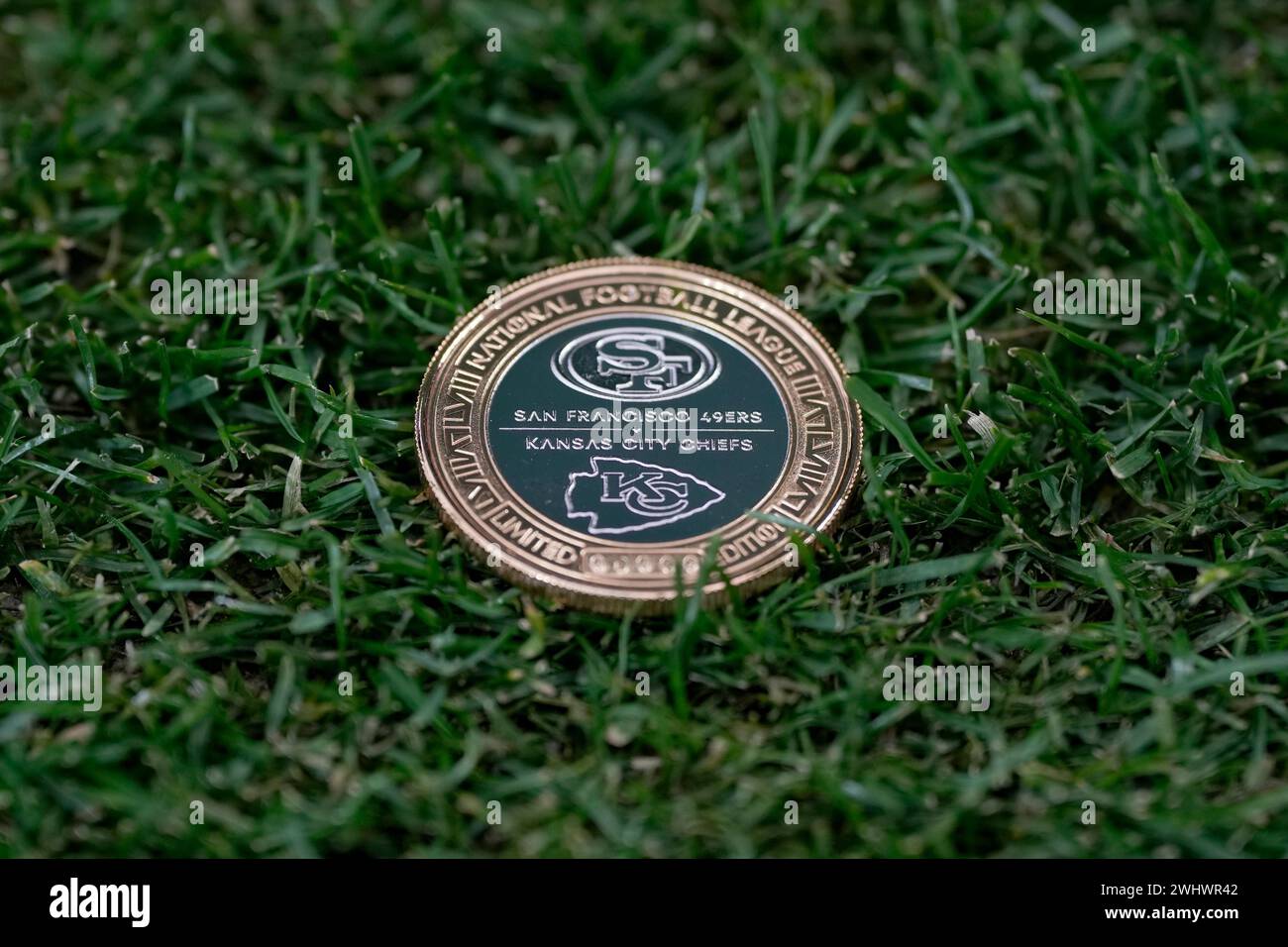 The official Super Bowl coin before the NFL Super Bowl 58 football game ...