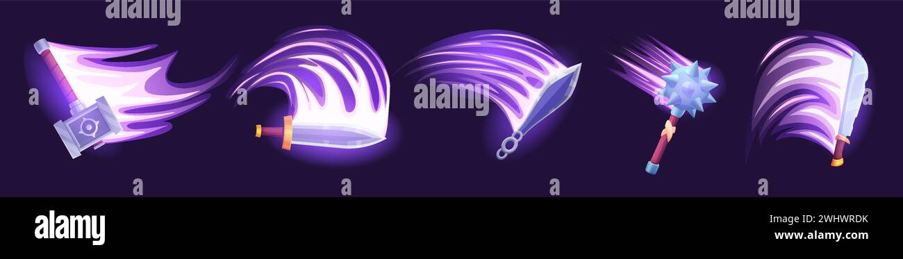 Medieval weapon attack effect. Swords and hammer with hit light effects ...