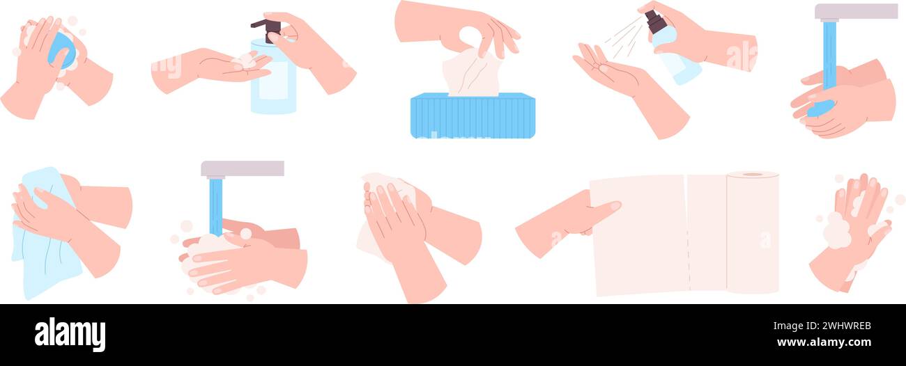 Washing hands. Personal hygiene, using tissue, soap and disinfectant ...