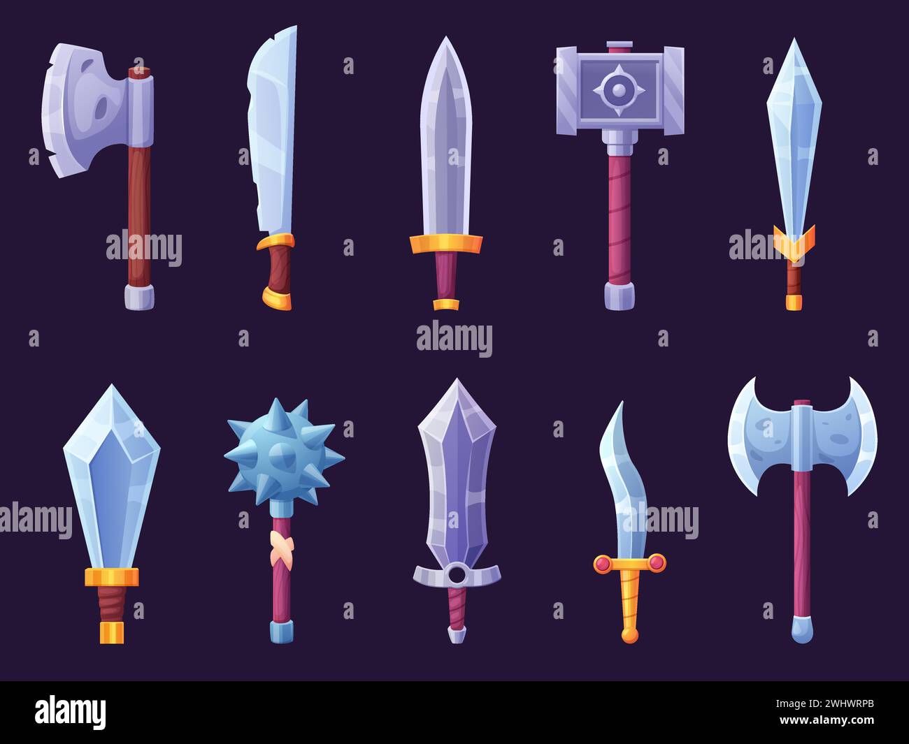 Medieval cartoon weapon. Swords and knife, sabre, axe and hammer. Old style game icons, iron ...
