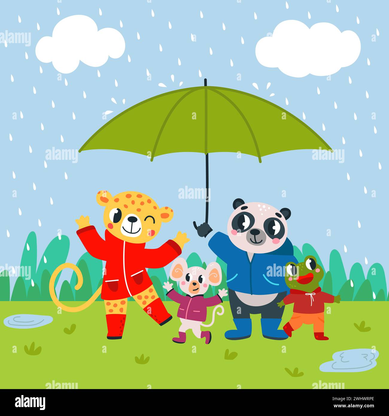 Animals at spring rain. Cute panda, leopard, mouse and frog stand ...