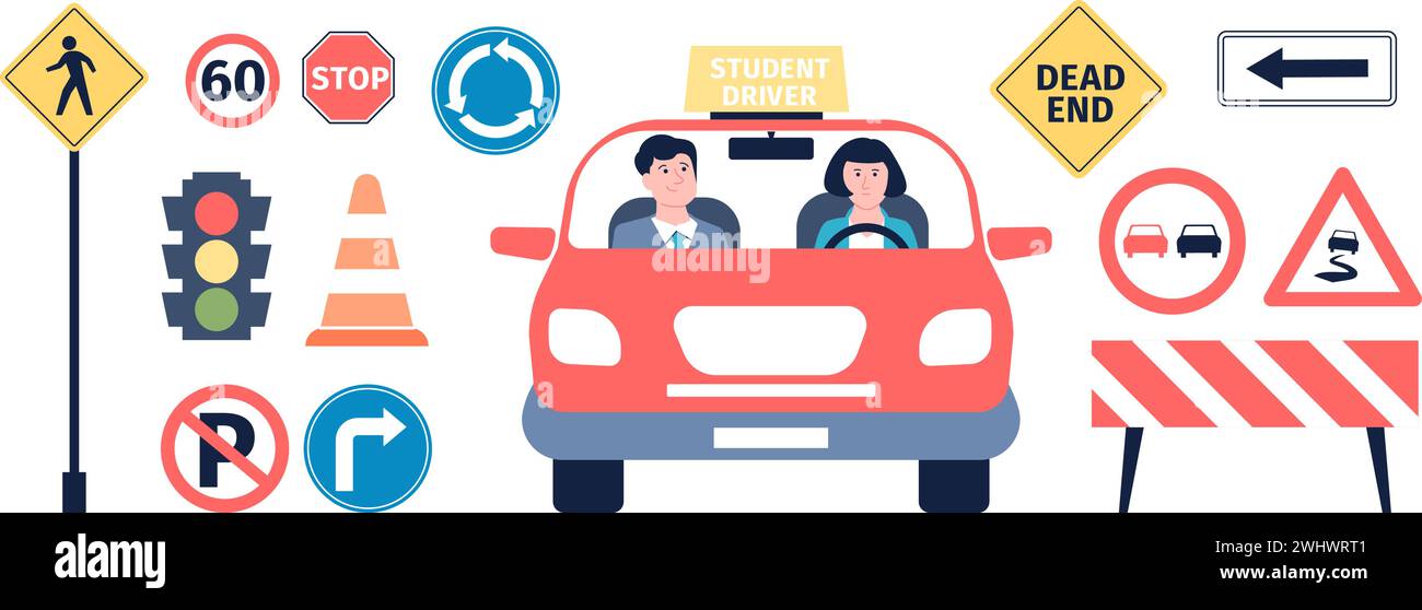 Traffic road signs. Driving school elements, young drive female student ...