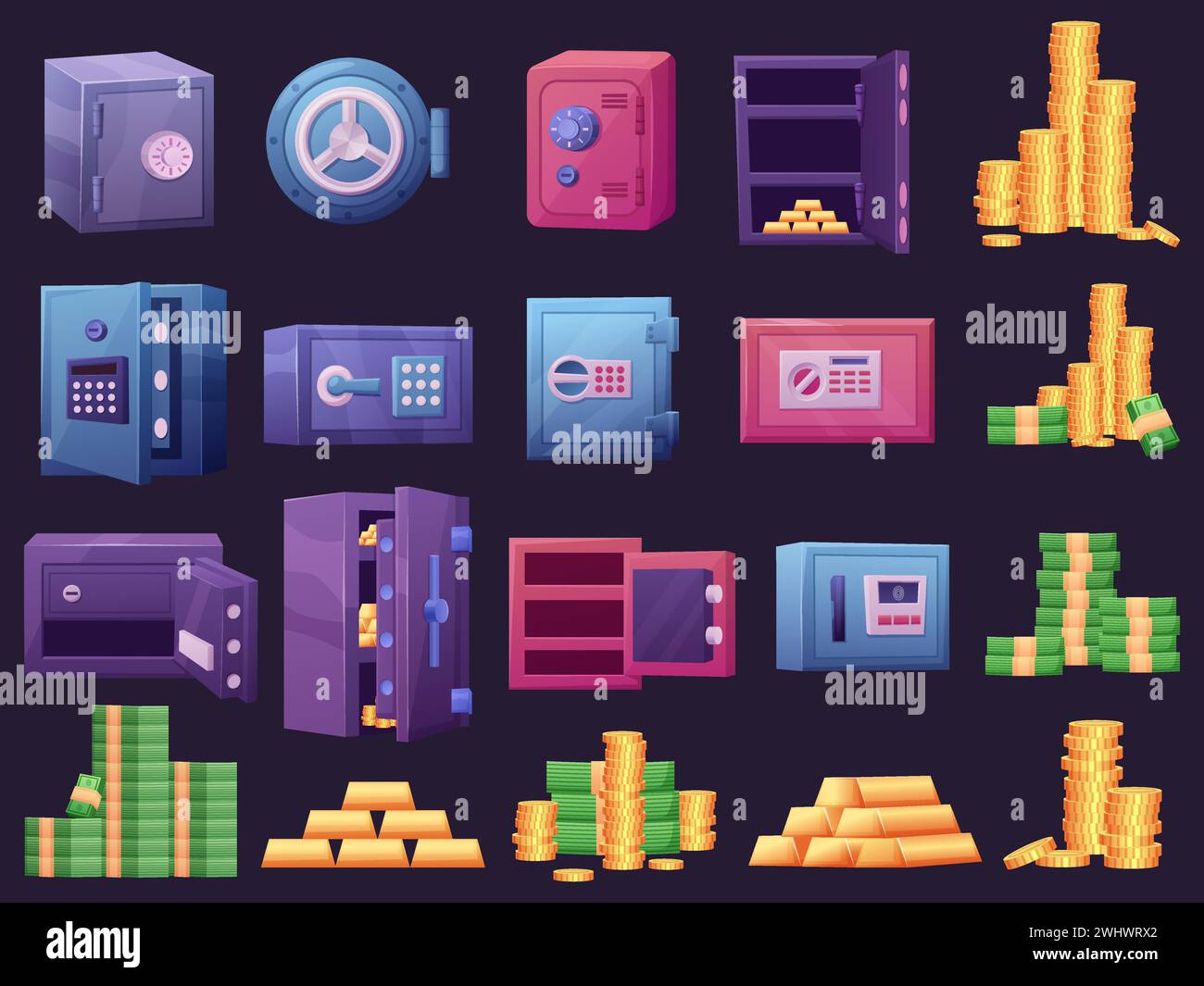 Cartoon money and safe box. Gold bar and coins piles, safety cash in ...