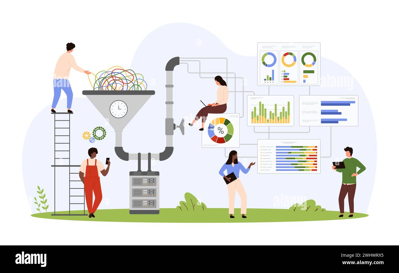 Big digital data analysis, classification and storage. Tiny people work with info conversion ...