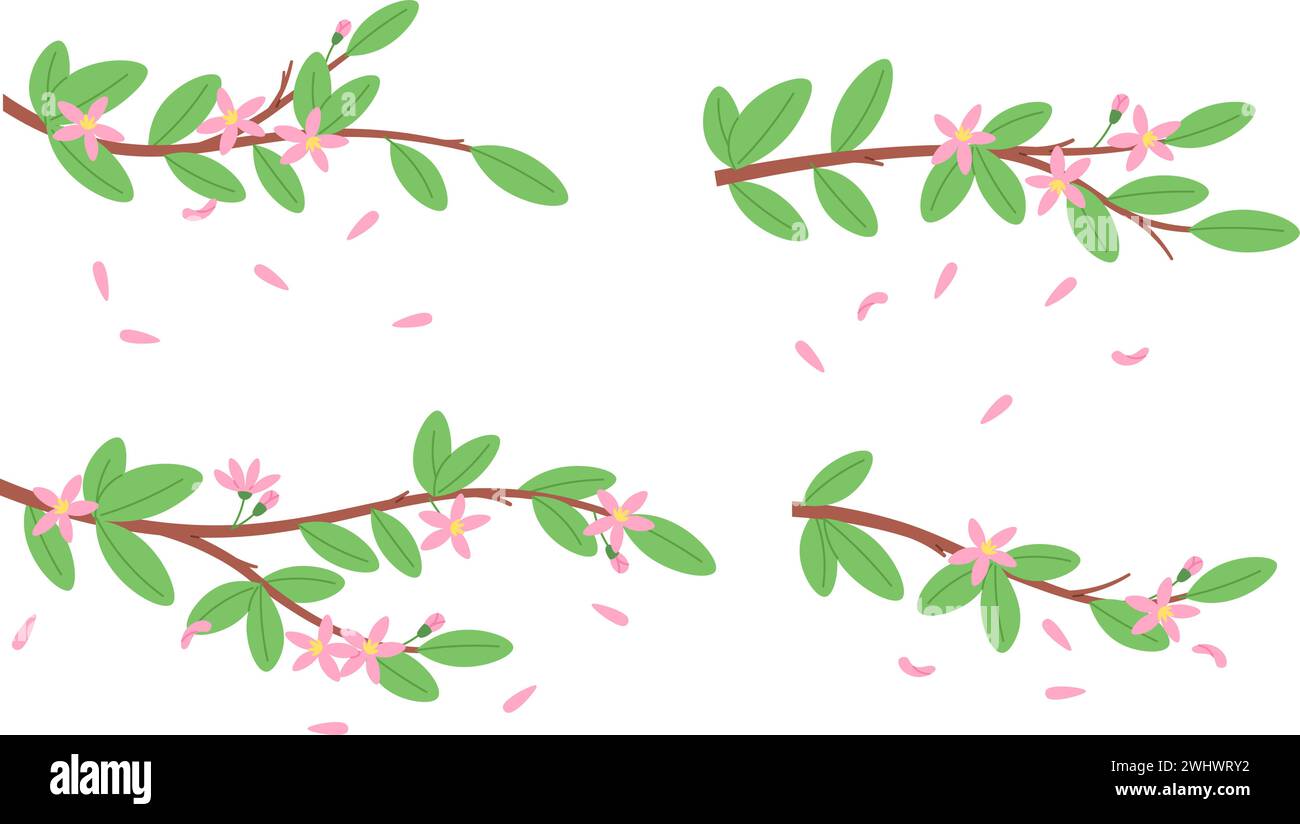 Sakura blossom branches. Peach or apple tree blooming. Cartoon isolated ...
