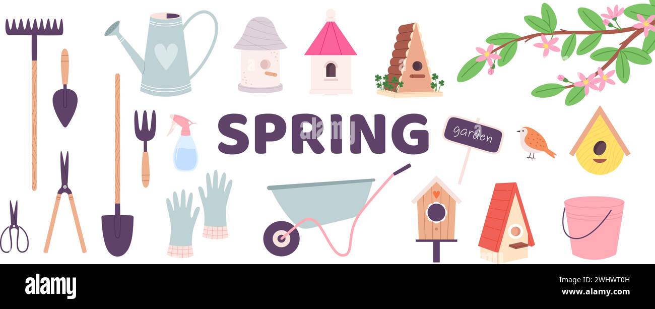 Gardening elements. Springtime, summer garden tools and equipment ...