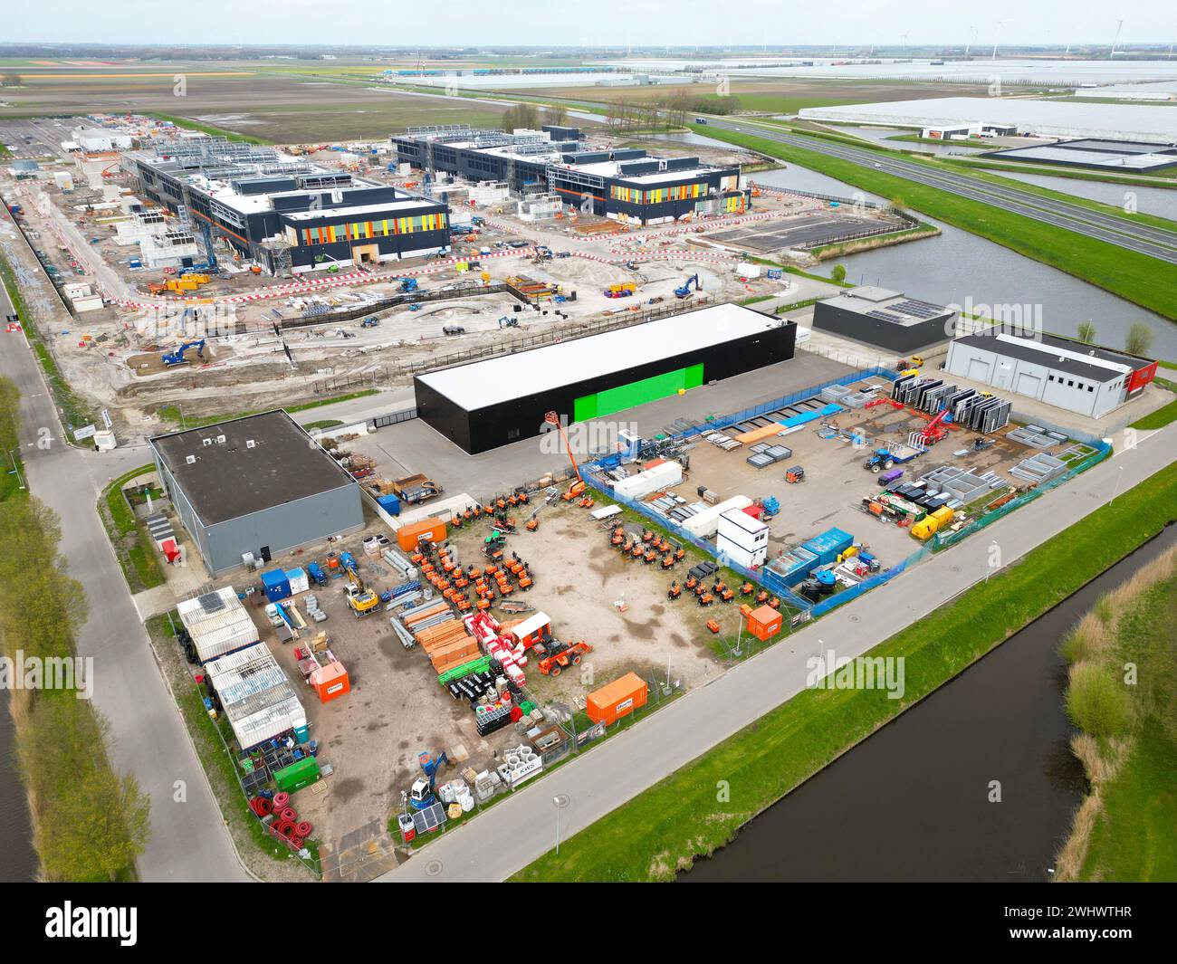Aerial view of the construction of a large datacenter in Noord Holland ...