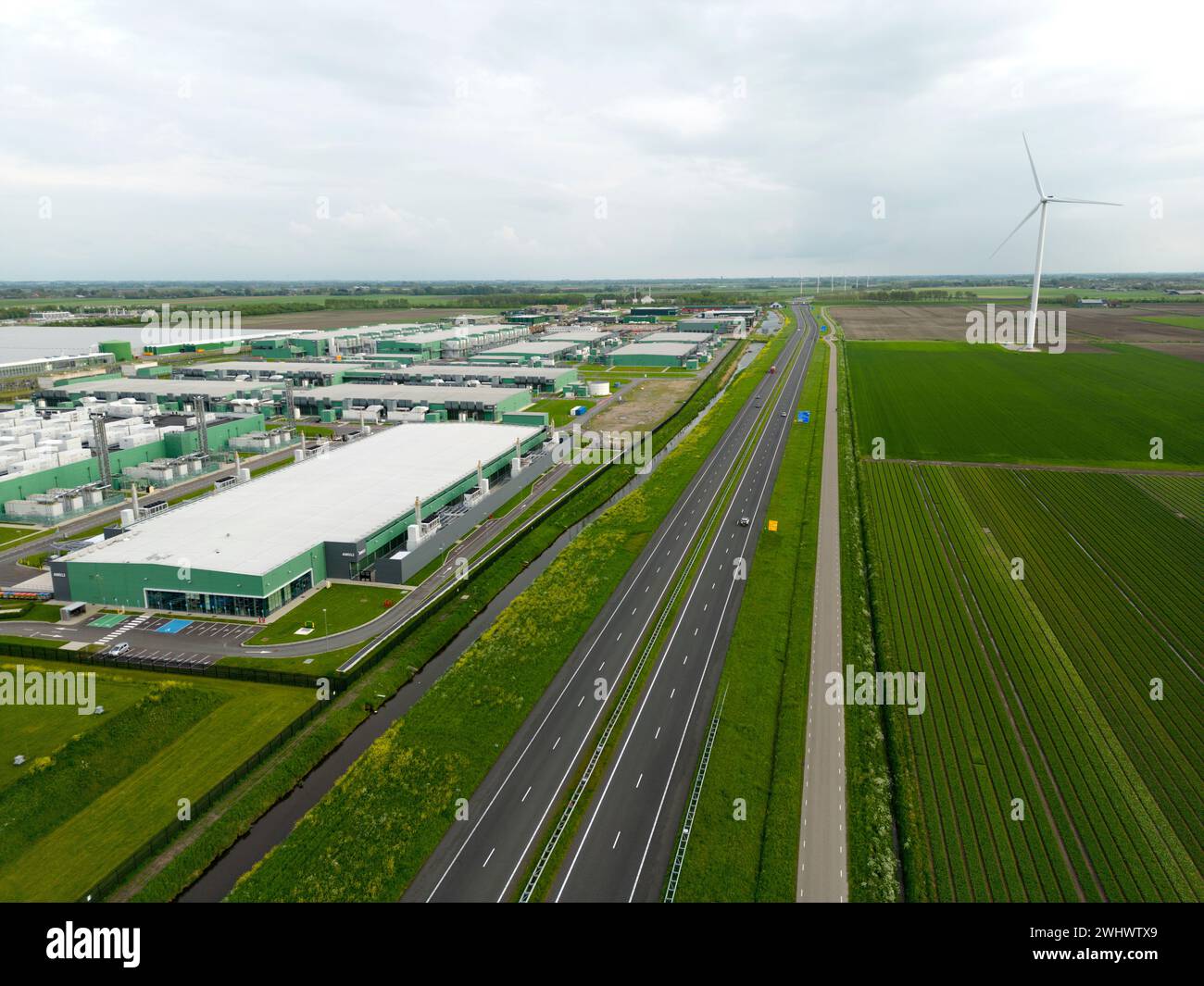 Aerial view of a large datacenter in Noord Holland, The Netherlands ...